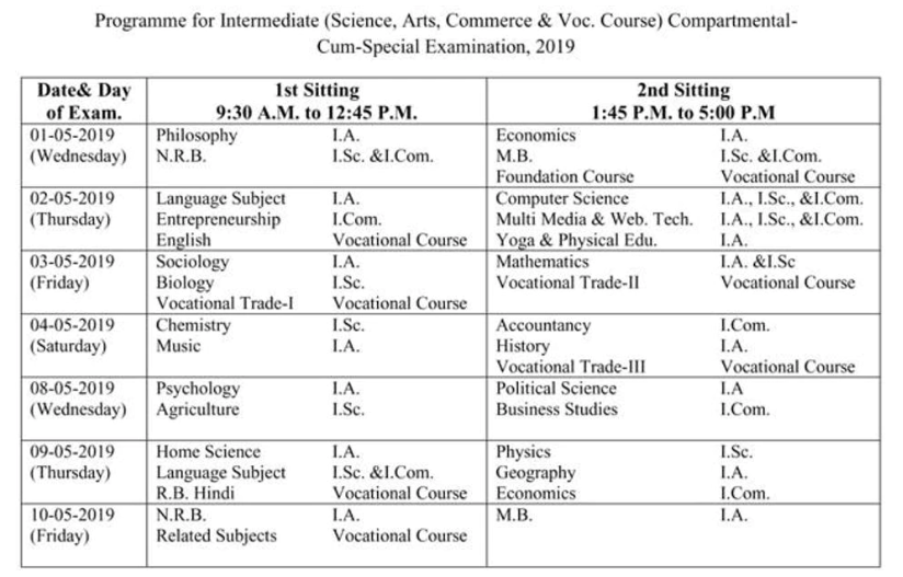 Bihar Board 12th Compartmental Time Table 2024 BSEB Intermediate Supplementary Exam Date