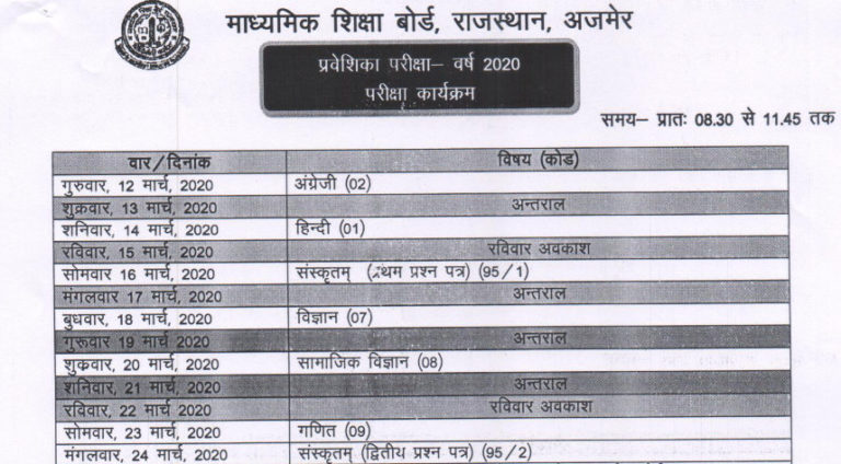 RBSE Pravishika & Varishtha Upadhyay Time Table 2025 Download Exam Date