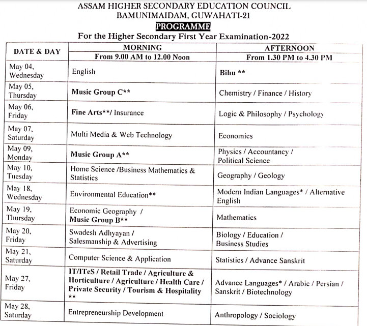 Assam HS 1st Year Routine 2022 (Out) AHSEC First Year Exam Time Table