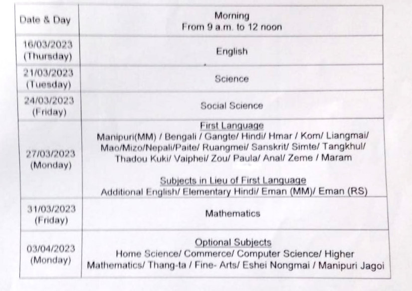 Manipur Board HSLC Time Table 2024 - www.bosem.in 10th Routine, Exam Date