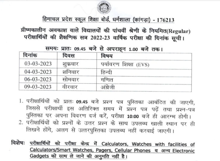 HP Board 5th Class Date Sheet 2024 HPBOSE Fifth Class March Exam Dates