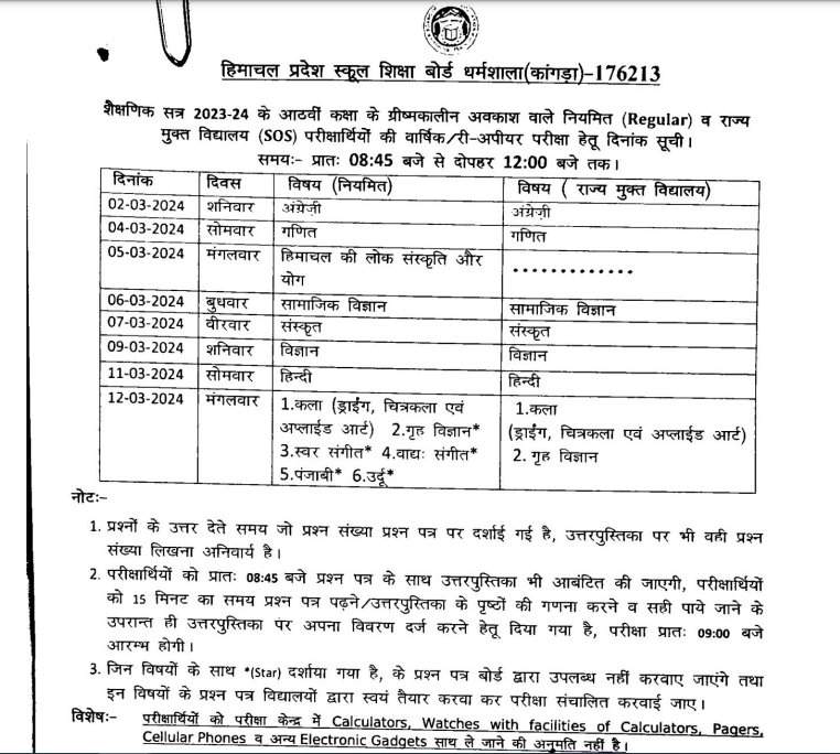 HP Board 8th Class Date Sheet 2024 SOS Middle Time Table - Downlaod pdf