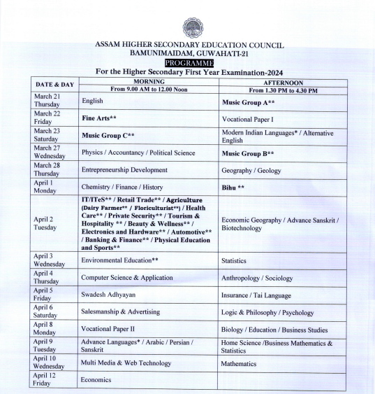 Assam HS 1st Year Routine 2024 ~AHSEC First Year Exam Time Table